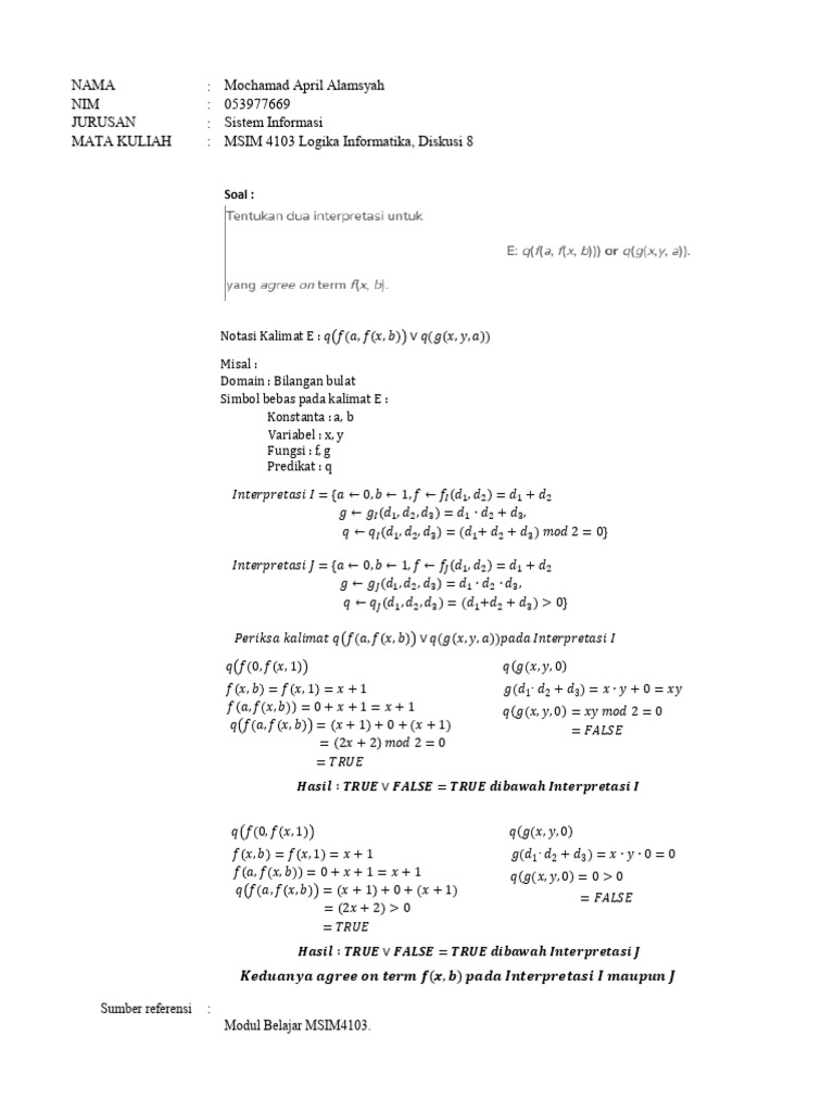 Jawaban Diskusi 8 Logika Informatika Mochamad April Alamsyah 053977669 | PDF