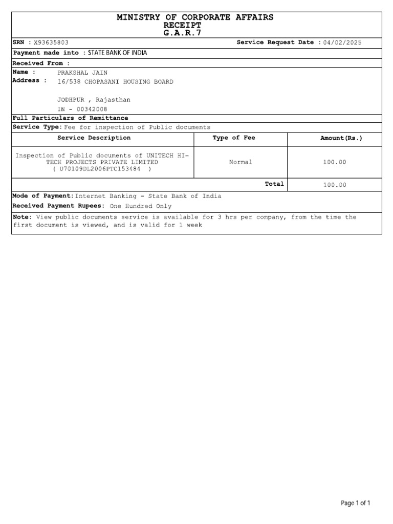 Unitech Inspection Receipt | PDF