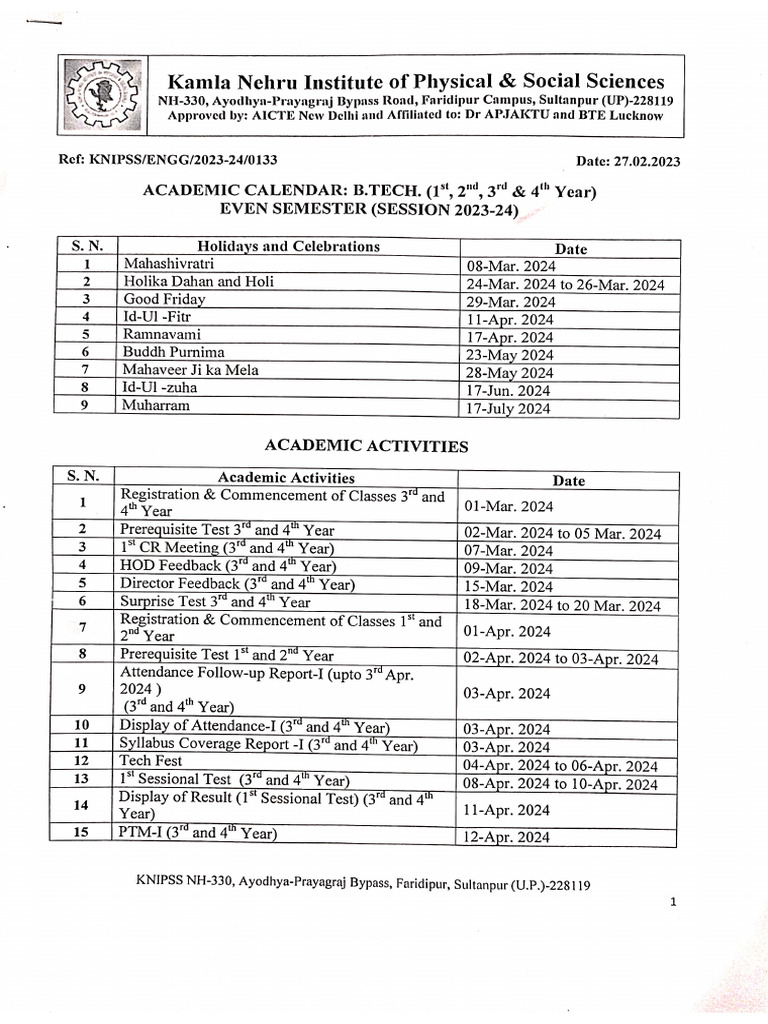 BTECH Even Semester 2023-24 Academic Calander | PDF