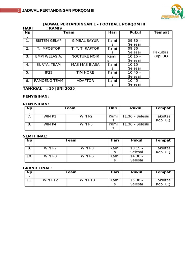 Jadwal Turnamen E-Sport Kampus 2025 (Mobile Legends, Efootball, Magic Chess) | PDF