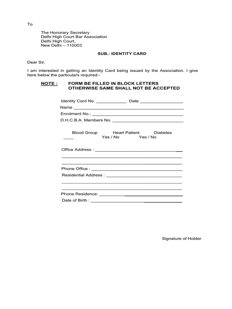 Delhi High Court ID Card Application Form | PDF