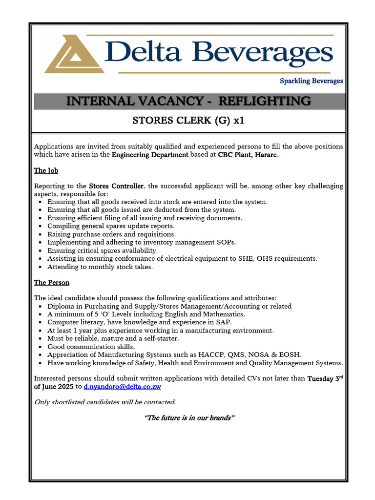 SBs Advert (Reflighting) - Stores Clerk - CBC Plant | PDF