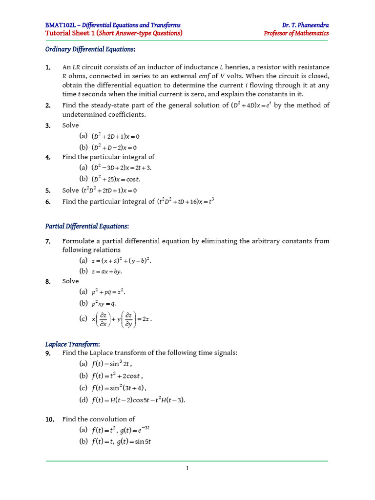 34 Practice Problems 1-13-06 2023 | PDF | Fourier Series | Fourier ...