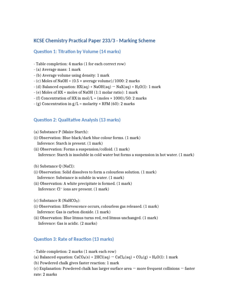 KCSE Chemistry Practical Marking Scheme | PDF