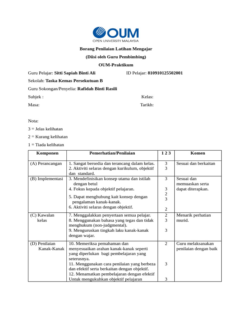 Penilaian Latihan Mengajar Sitti Sapiah | PDF