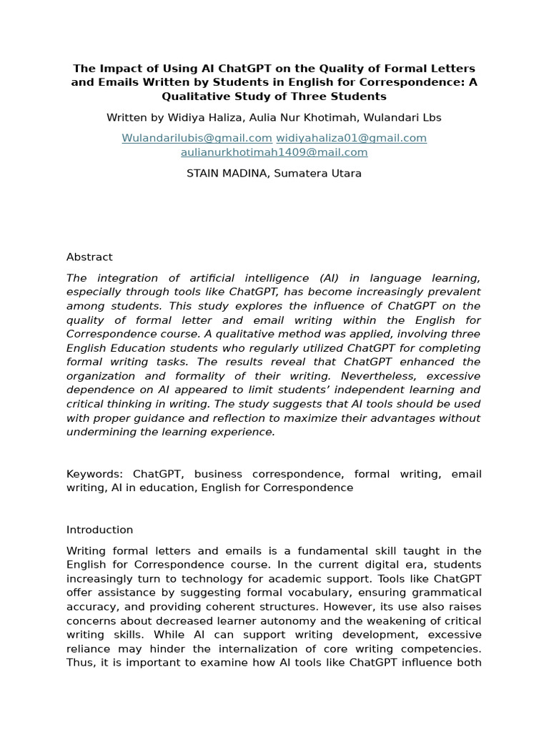 The Impact of Using AI ChatGPT On The Quality of Formal Letters and ...