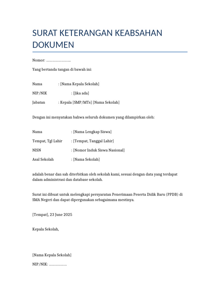 Surat Keterangan Keabsahan Dokumen PPDB | PDF
