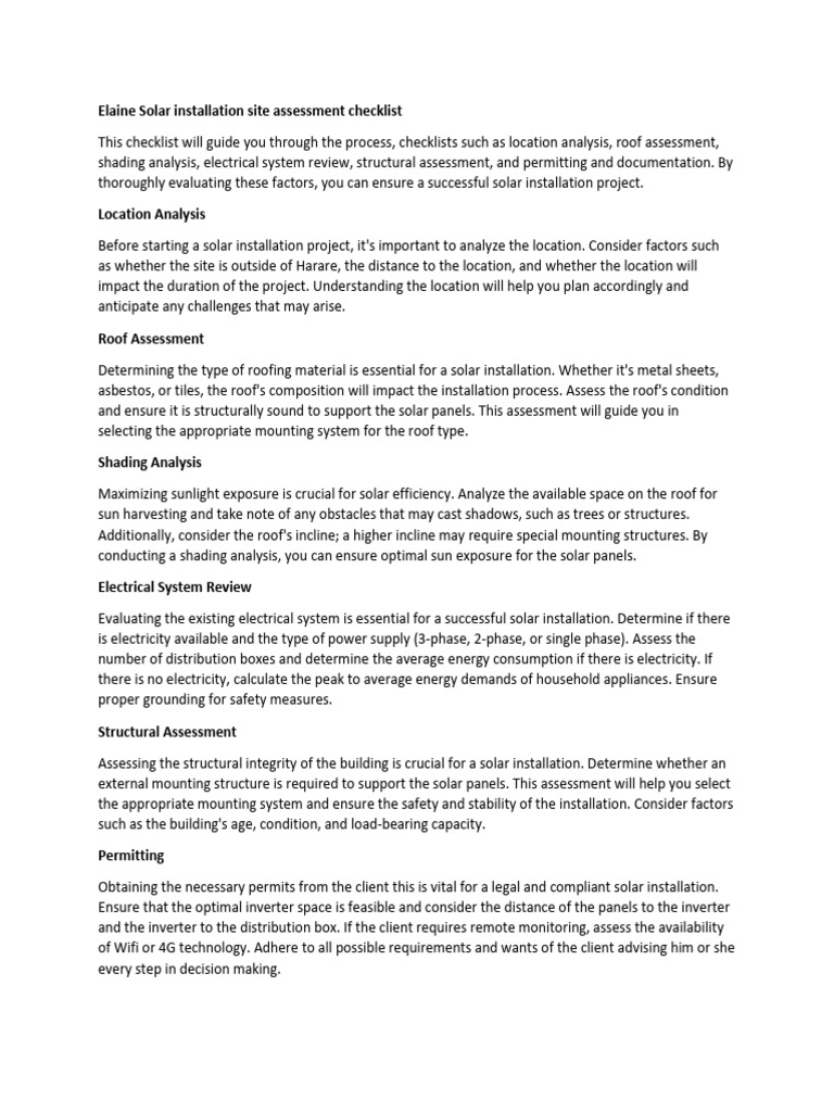 Site Assessment Checklist | PDF | Roof | Photovoltaics