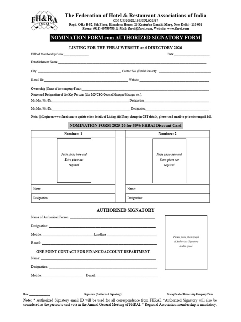 FHRAI 2026 Nomination & Signatory Form | PDF