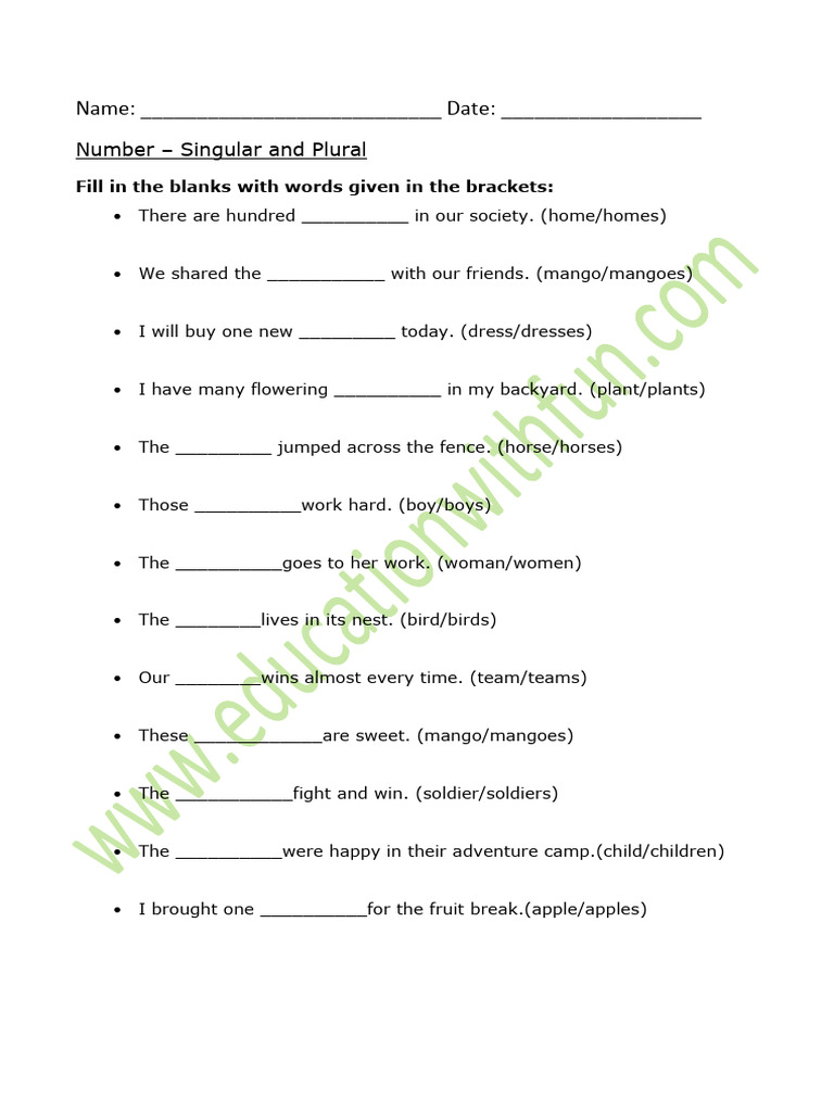 Numbers (Singular and Plural) Worksheet 2 | PDF