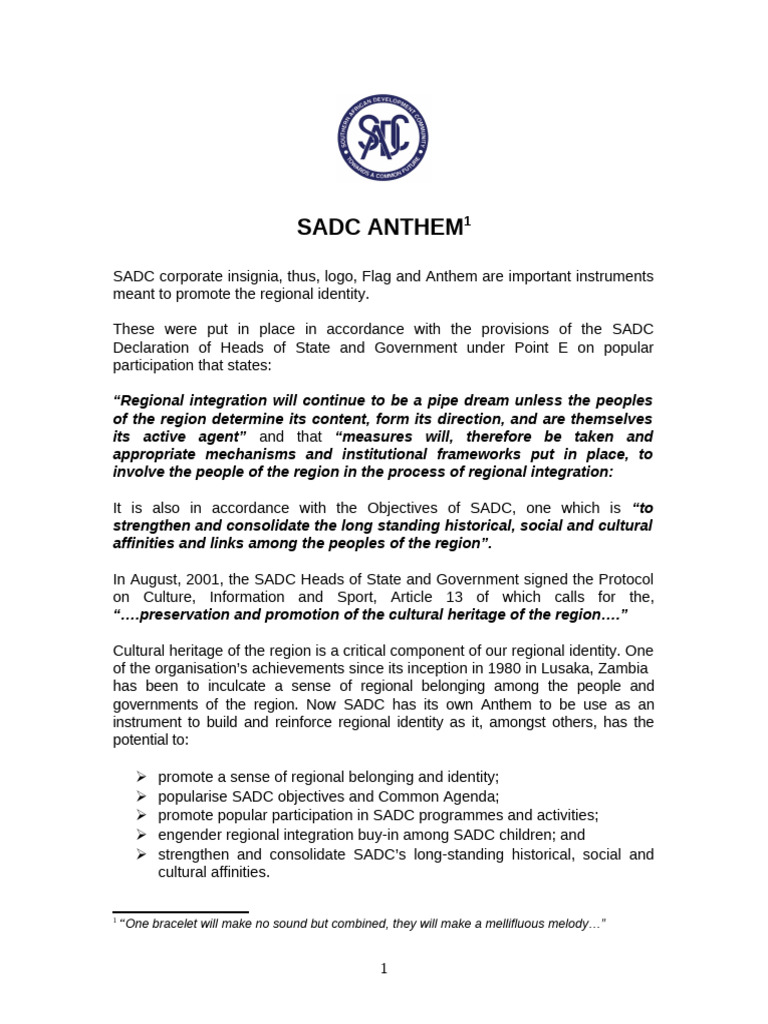 SADC Anthem Objectives | PDF