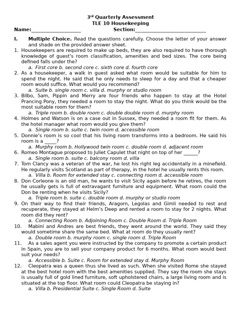 Housekeeping Quarterly Assessment Quiz | PDF | Sodium Bicarbonate ...