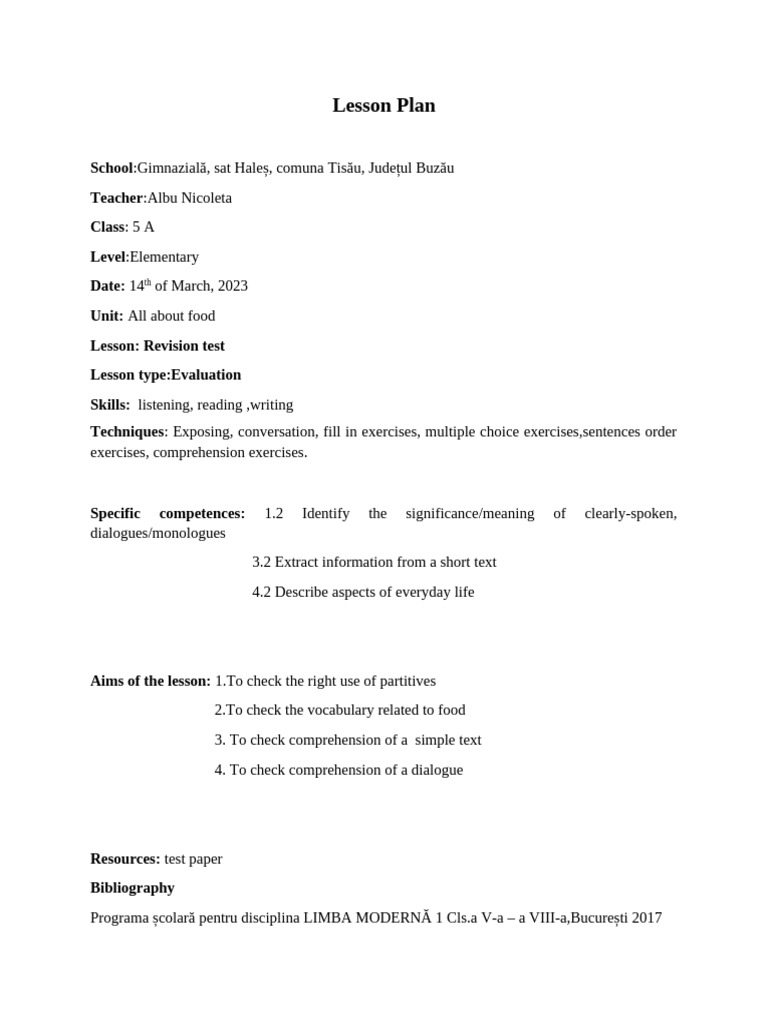 Lesson Plan Test de Evaluare | PDF | Lunch | Foods