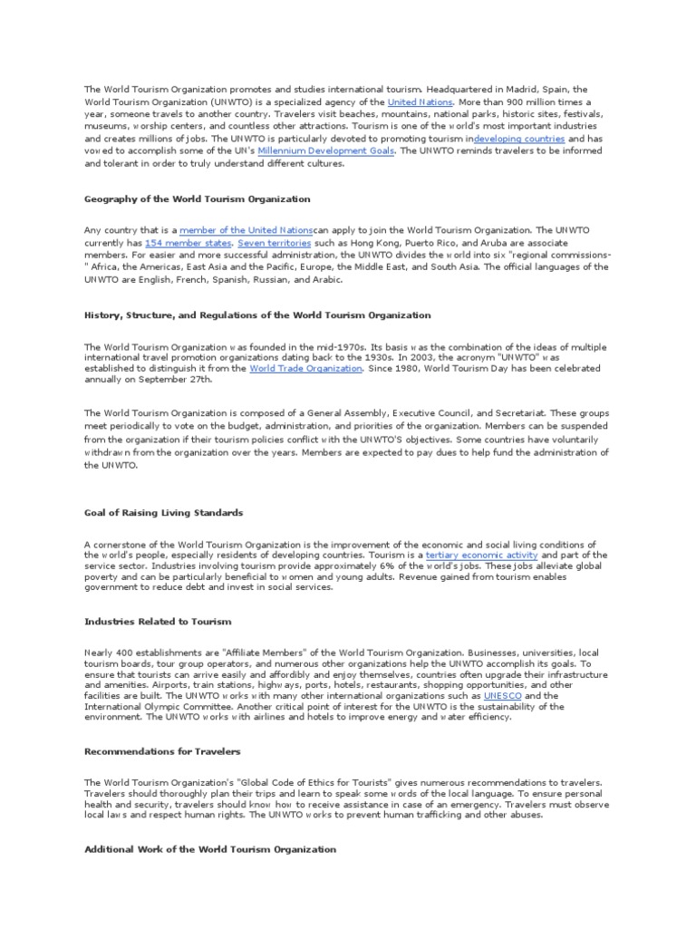 The World Tourism Organization Promotes and Studies International ...