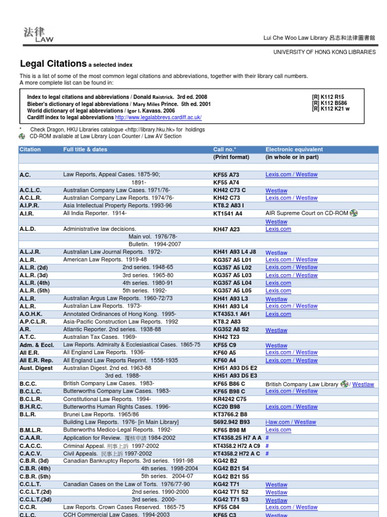 Legal Citations: Citation Full Title & Dates Call No. Electronic ...