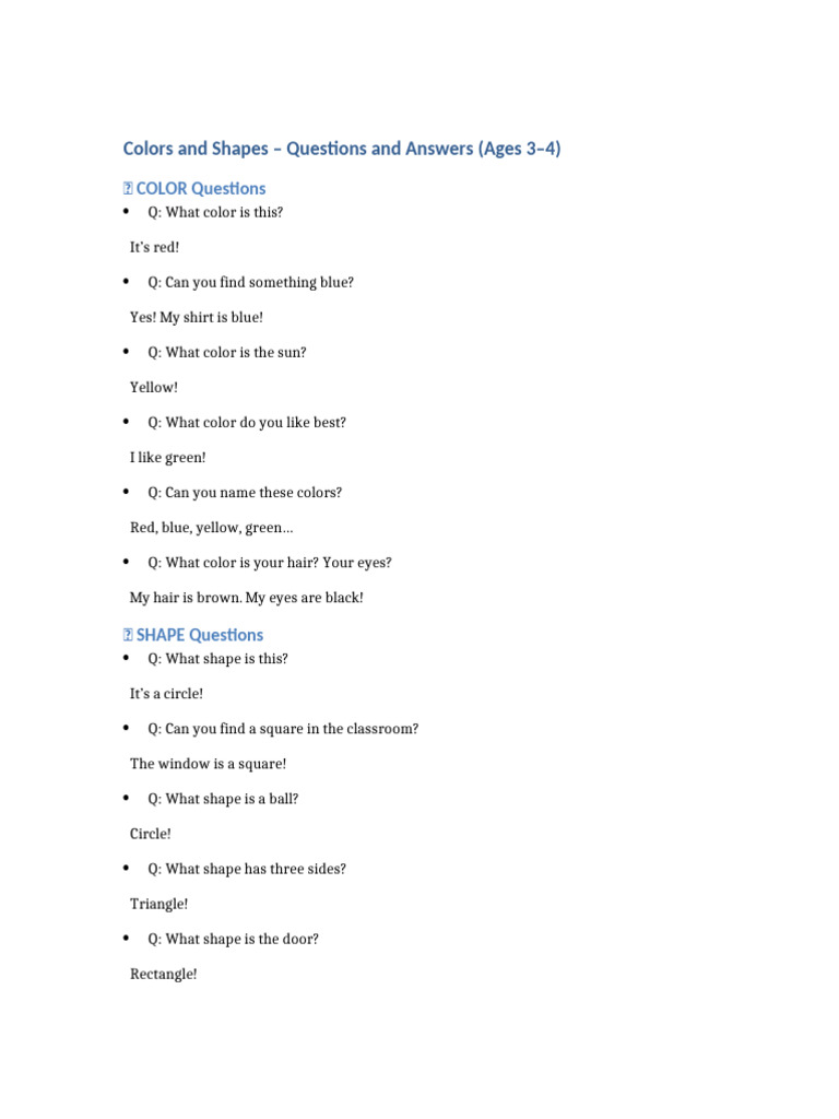 Colors and Shapes Questions Expanded | PDF