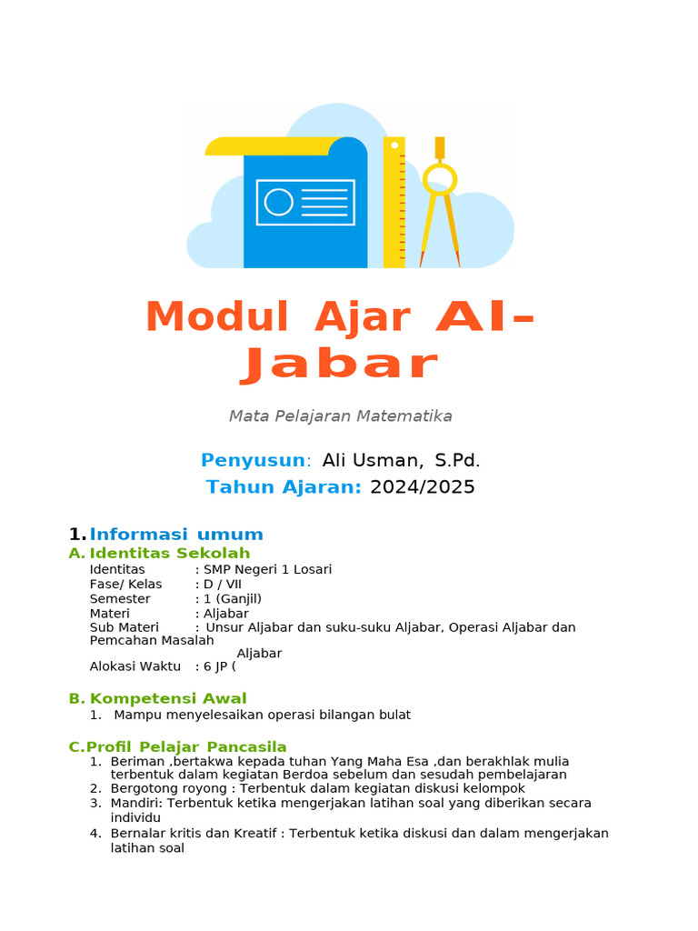 Modul Ajar Aljabar Kls 7 Sem 1 | PDF