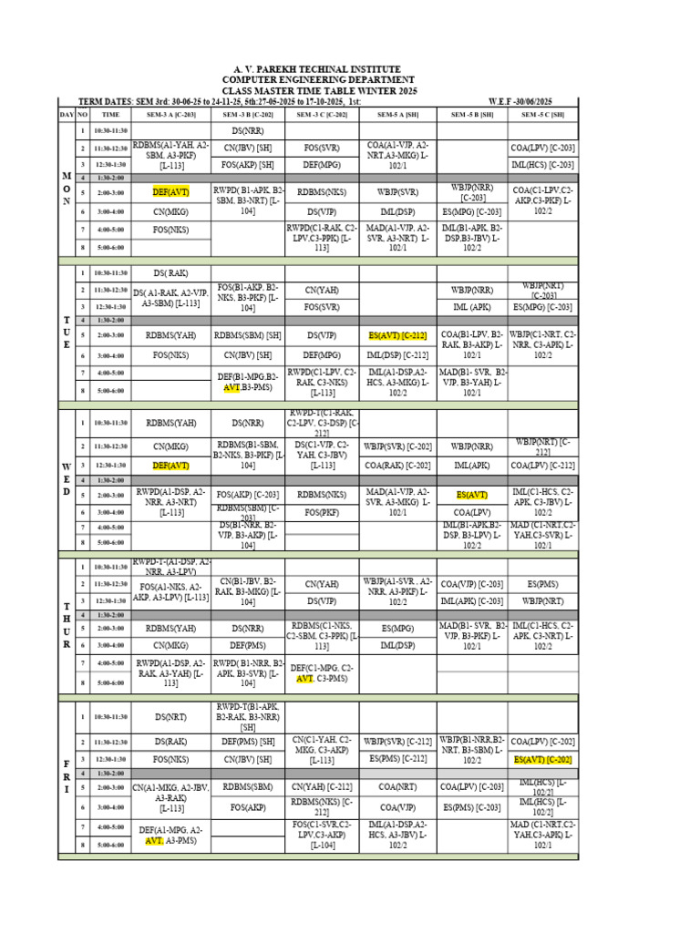 Winter 2025 Class Timetable for CE | PDF