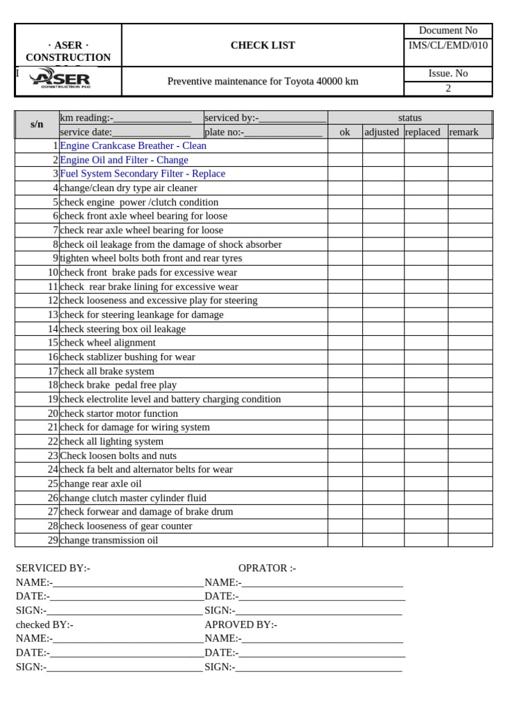 Toyota 40,000 km Maintenance Checklist | PDF | Brake | Vehicle Technology