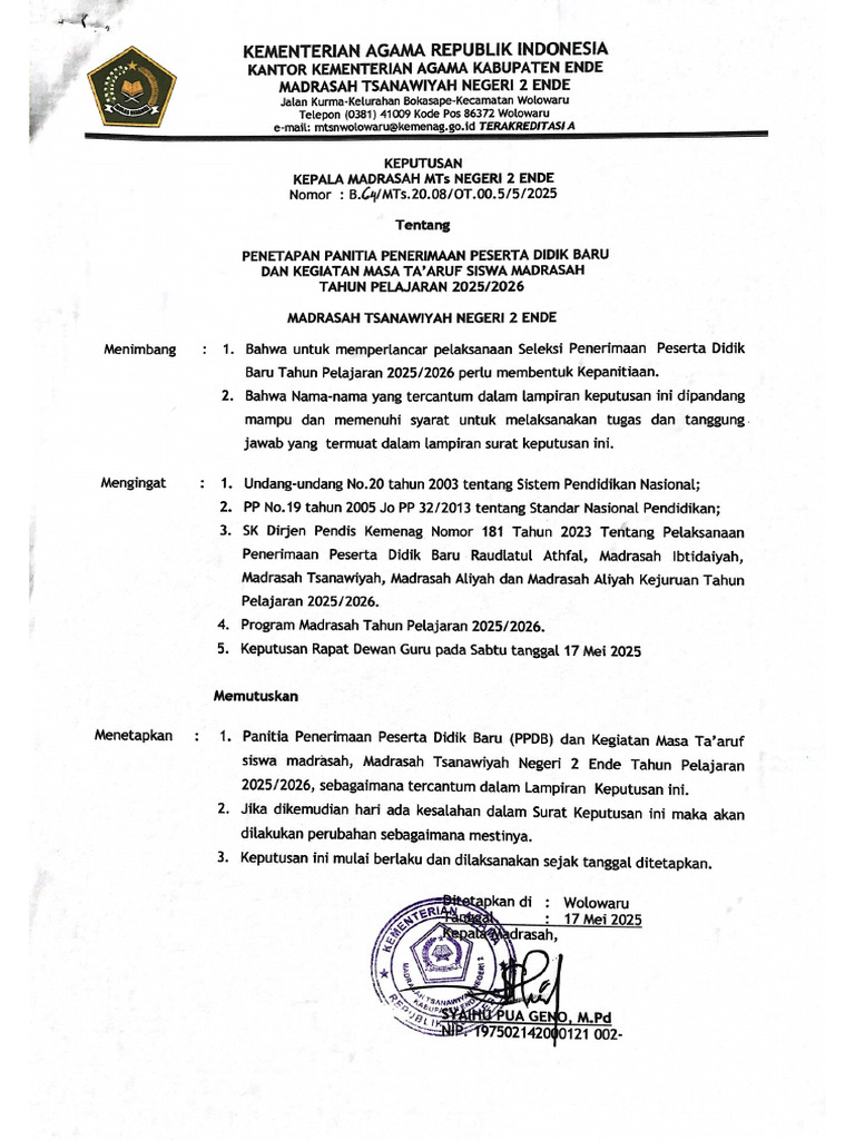 SK Panitia PPDB Dan Kegiatan Matsama Tp. 20252026 | PDF