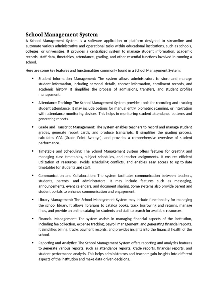 Key Features of School Management Systems | PDF | Analytics | Communication