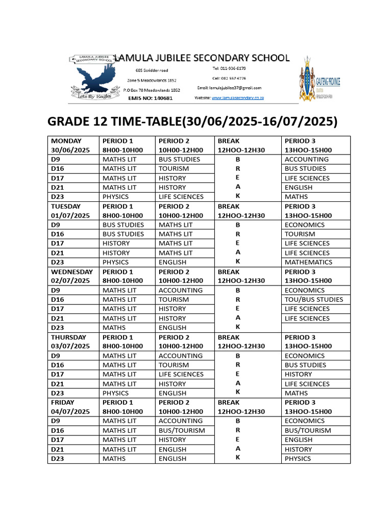 June July Holidays Timetable | PDF