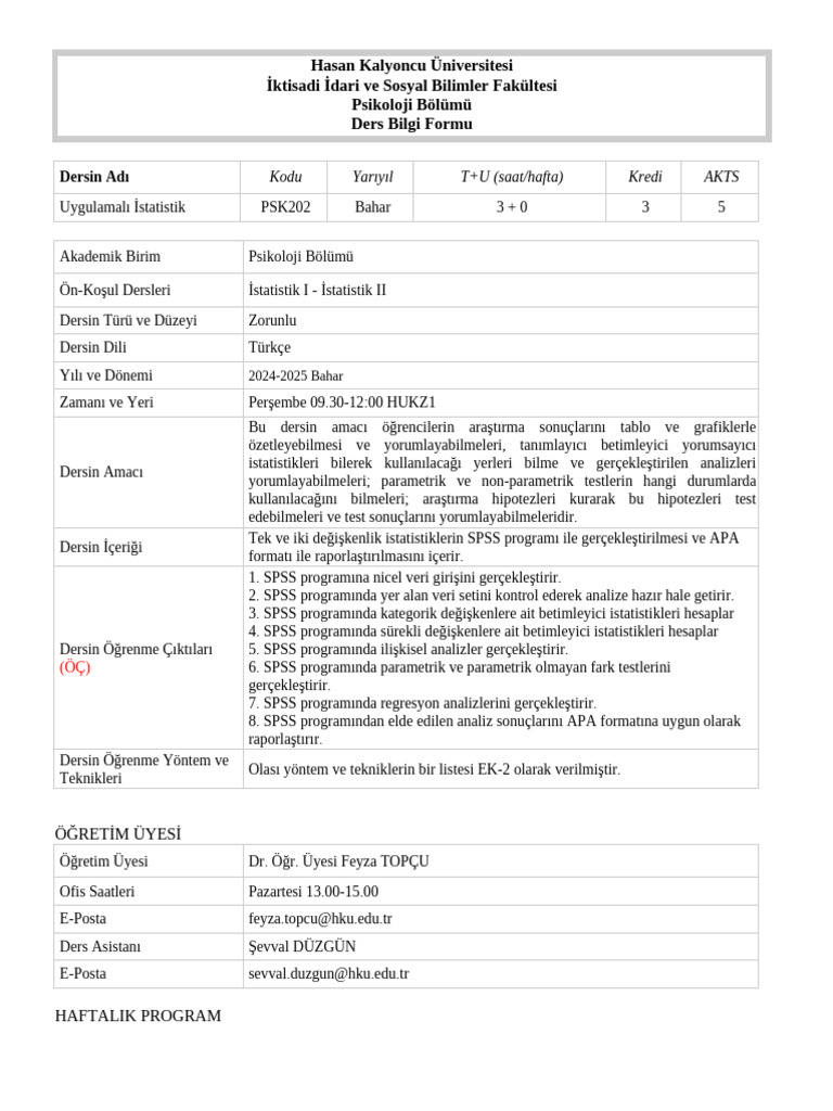 2024-2025-Uygulamalı Istatistik Ders Bilgi Formu - Dekanlık | PDF