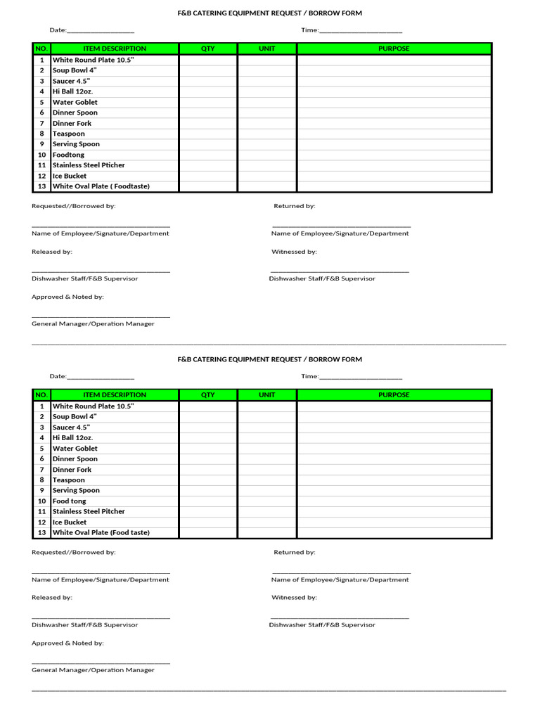 F&B Equipment Rquest Form | PDF | Spoon | Teaspoon