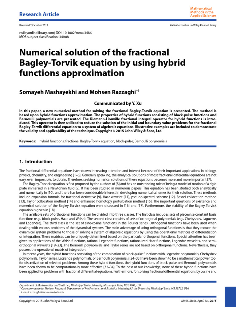 Numerical Solution of the Fractional Bagley-Torvik Equation by Using Hybrid Functions ...