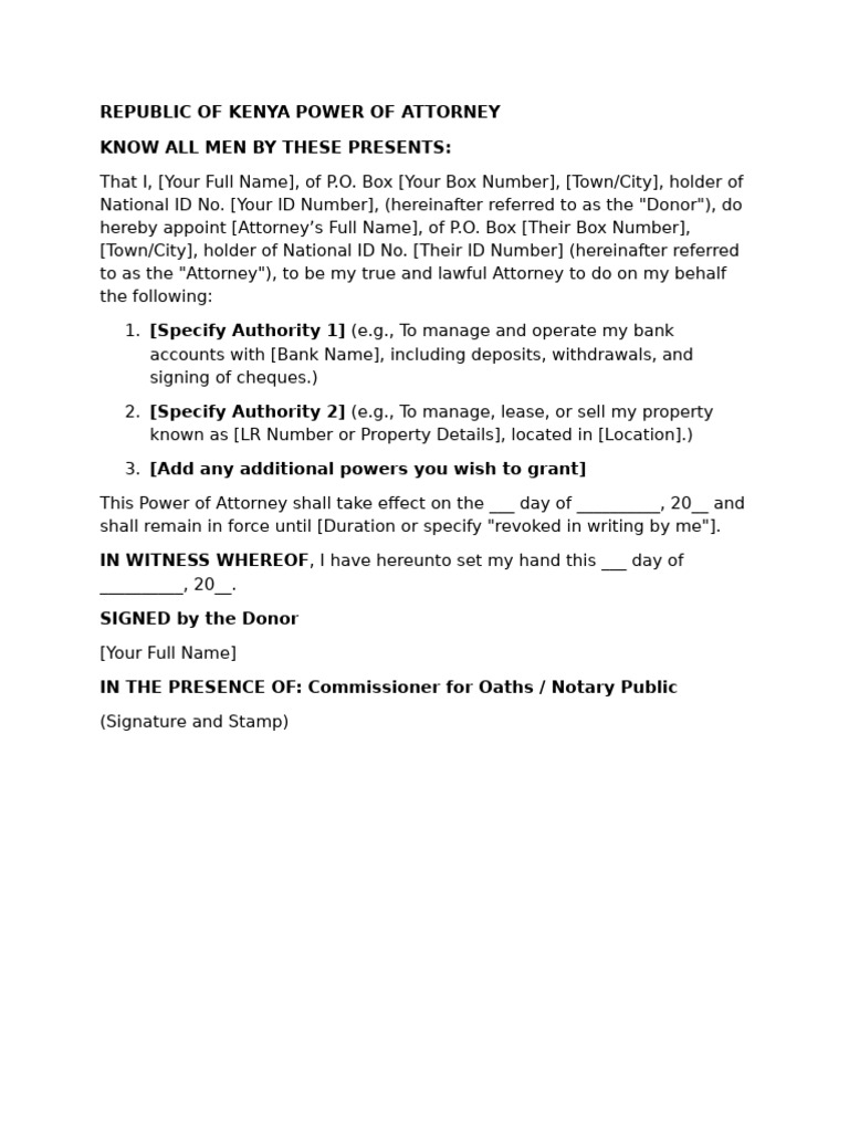 Power of Attorney Template Kenya | PDF