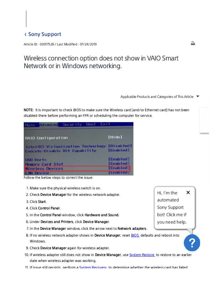Wireless Connection Option Does Not Show in VAIO Smart Network or in ...
