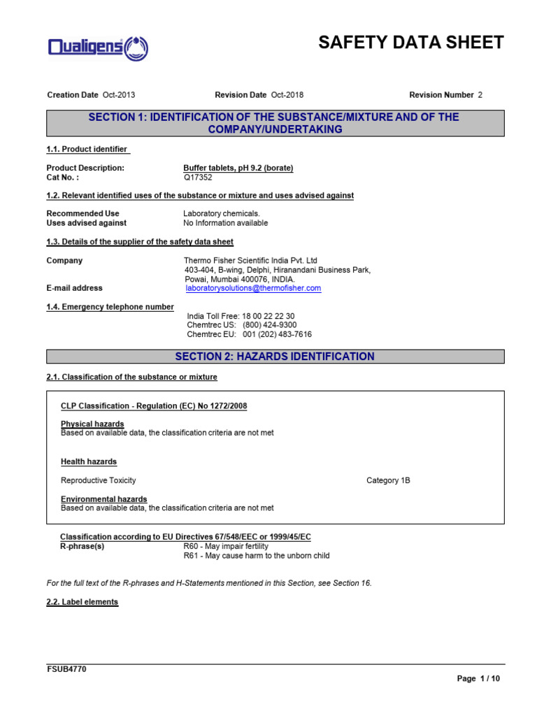 Borate Buffer Tablets Safety Data Sheet | PDF | Toxicity | Dangerous Goods