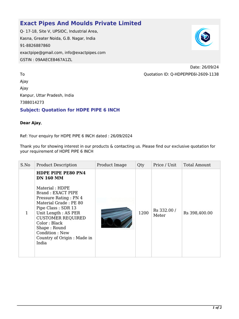 Ajay Kanpur Hdpe 160 MM | PDF | Building Materials | Chemical Engineering