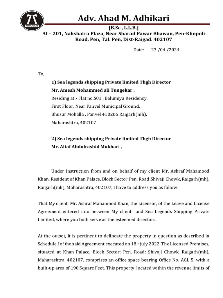 Notice Against Sea Legends Shipping Private LTD | PDF | License | Breach Of Contract