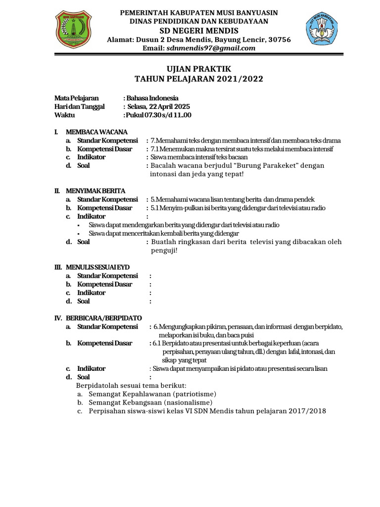 Ujian Praktek Kelas 6 2022 Bi Dan Rekap Pjok | PDF