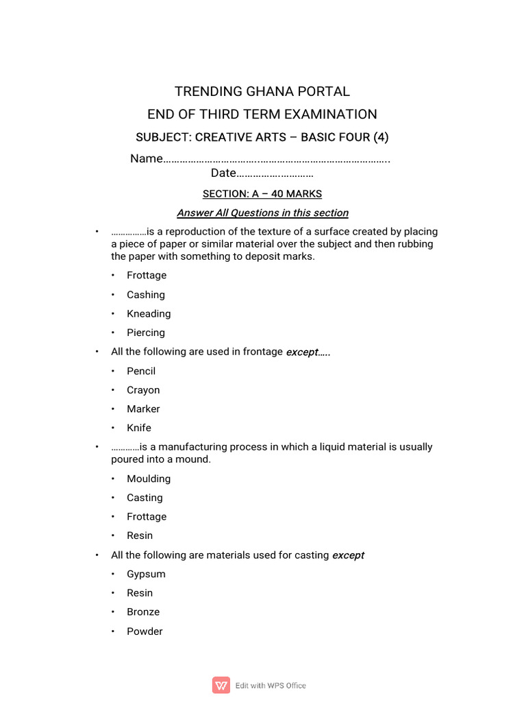 Term 3 b4 Creative Arts Questions Plus Marking Scheme | PDF