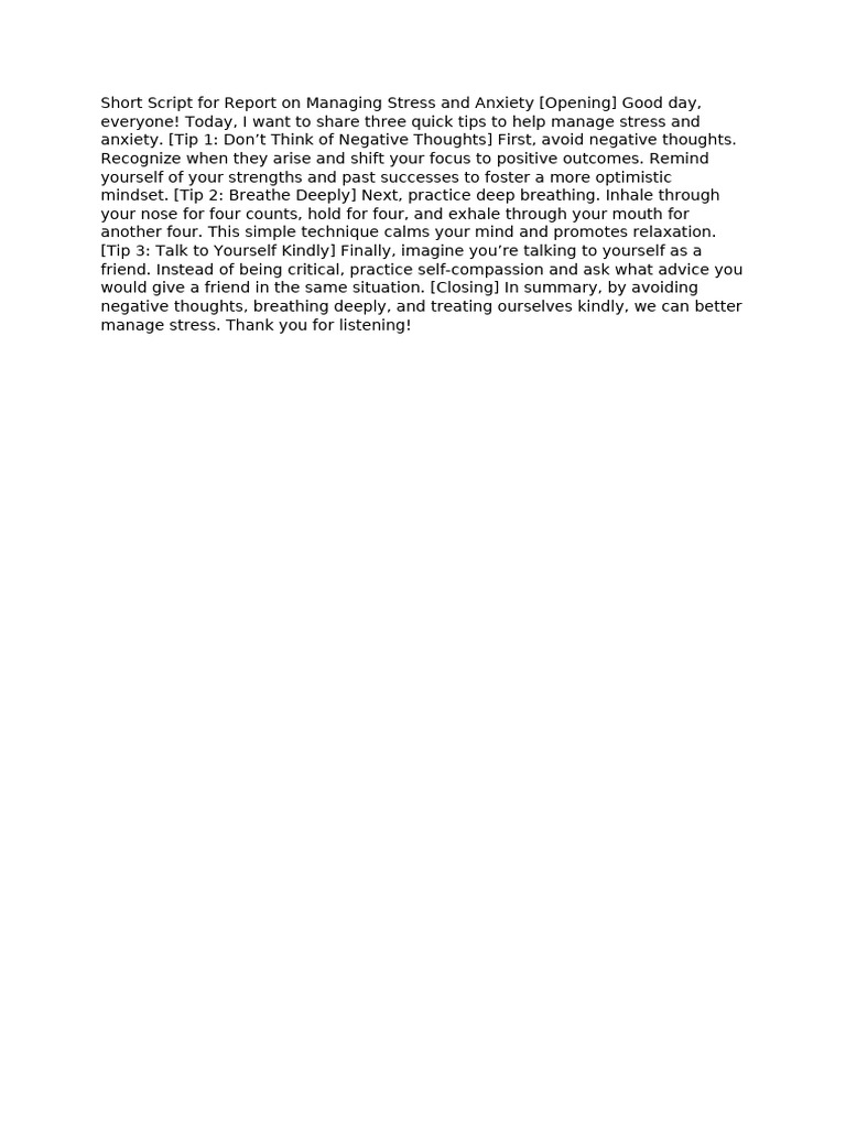 Short Script For Report On Managing Stress and Anxiety | PDF