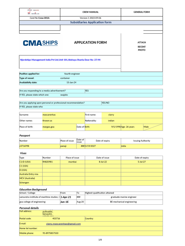 CMA-CGM Crew-001A Subsidiaries Application Form | PDF | Water Transport ...