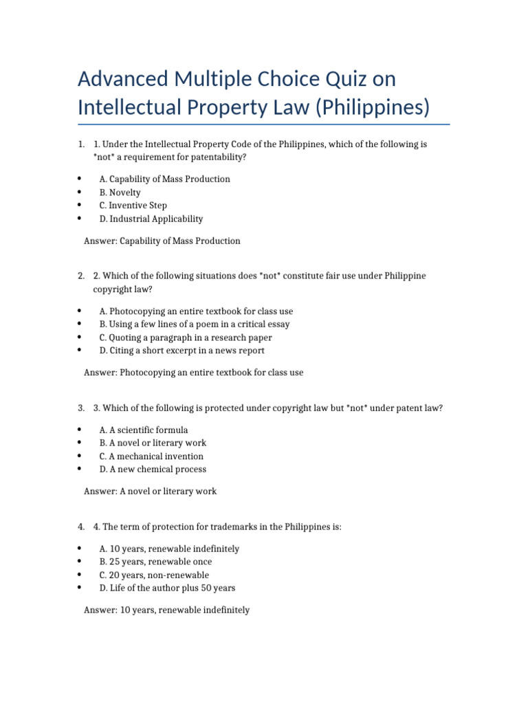 IP Law Quiz: Philippines Edition | PDF | Intellectual Property | Patent