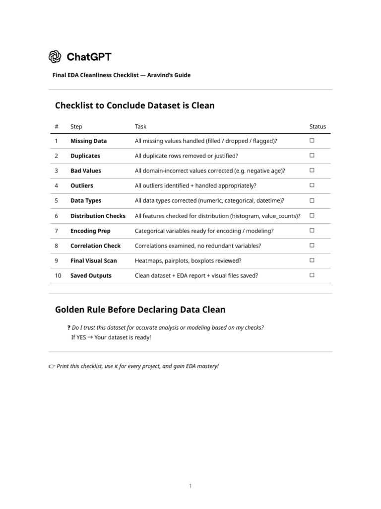 Eda Cleanliness Checklist | PDF