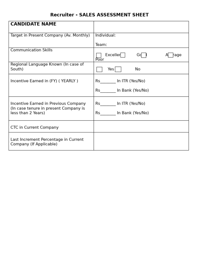 Sales Assesment Sheet | PDF