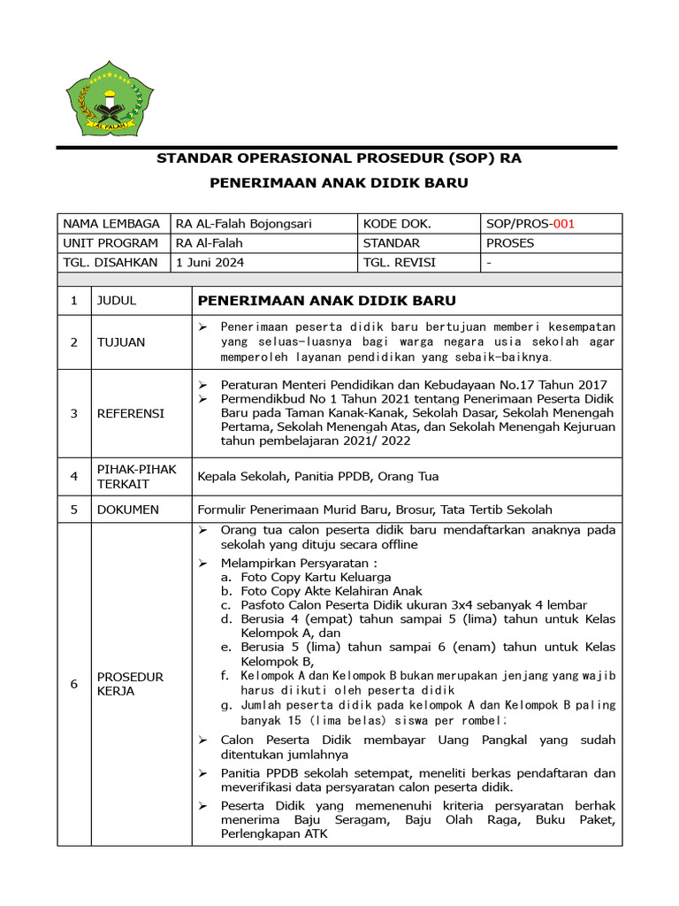 Sop Penerimaan Siswa Baru | PDF