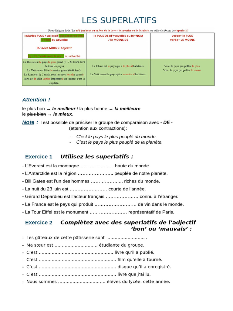 Exercices sur les superlatifs en français | PDF
