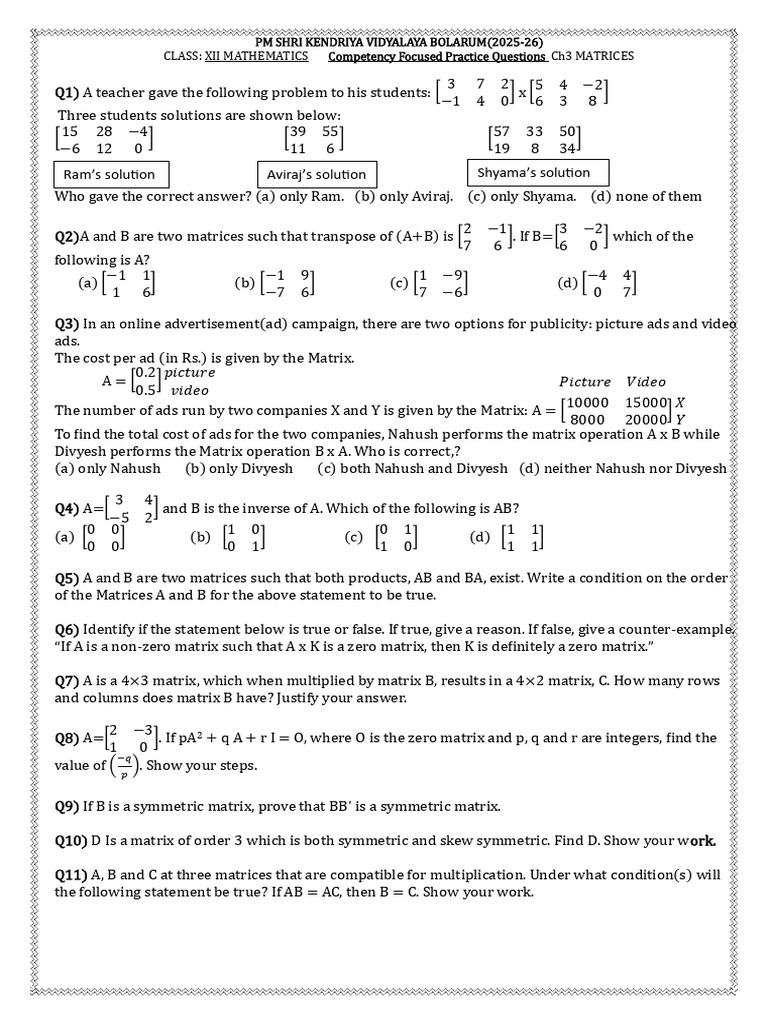 XII Ch3 Comp Focussed Ques 2025-26 | PDF | Matrix (Mathematics) | Mathematical Objects