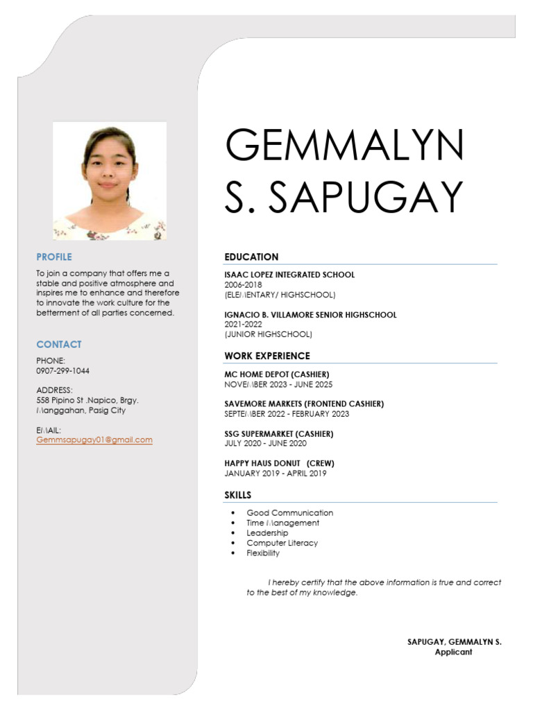 Gemmalyn Sapugay's Job Application Profile | PDF