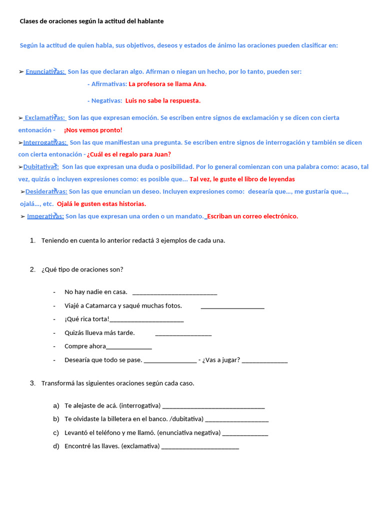 1 Clases de Oraciones Según La Actitud Del Hablante | PDF