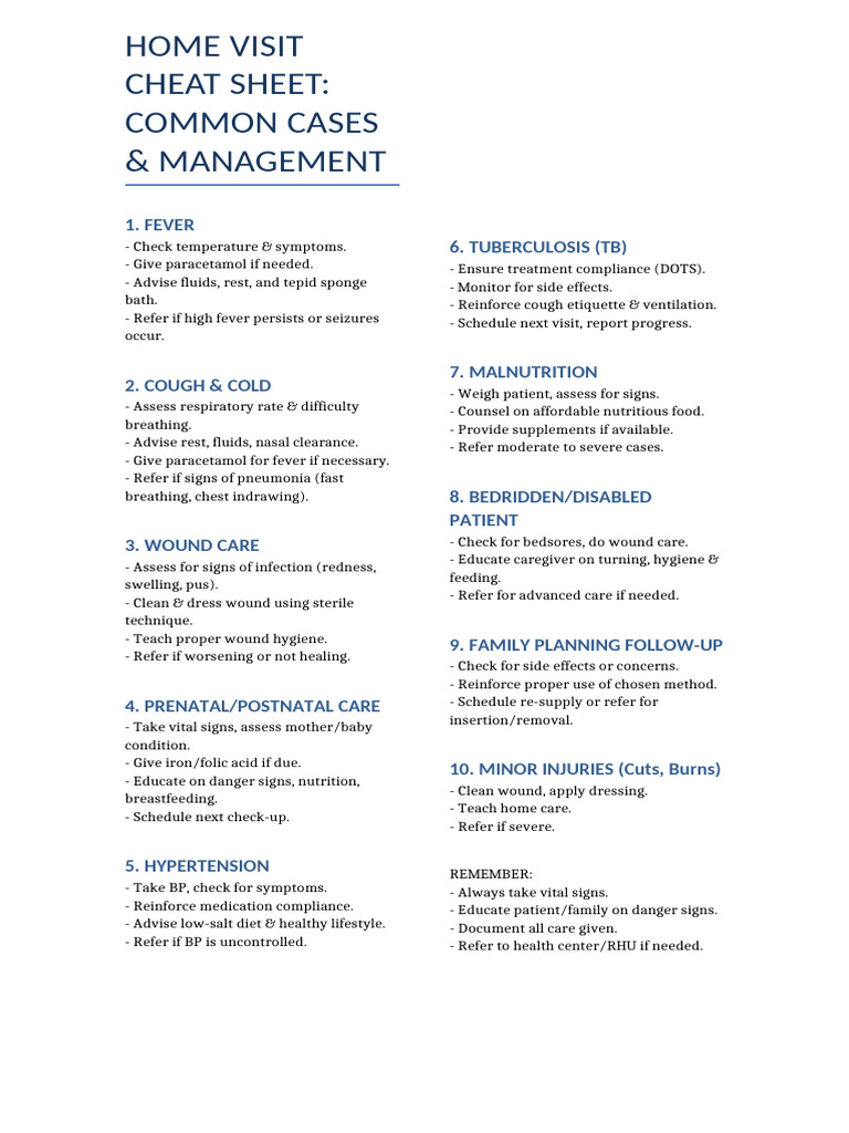 Home Visit Cheat Sheet | PDF | Wound | Fever