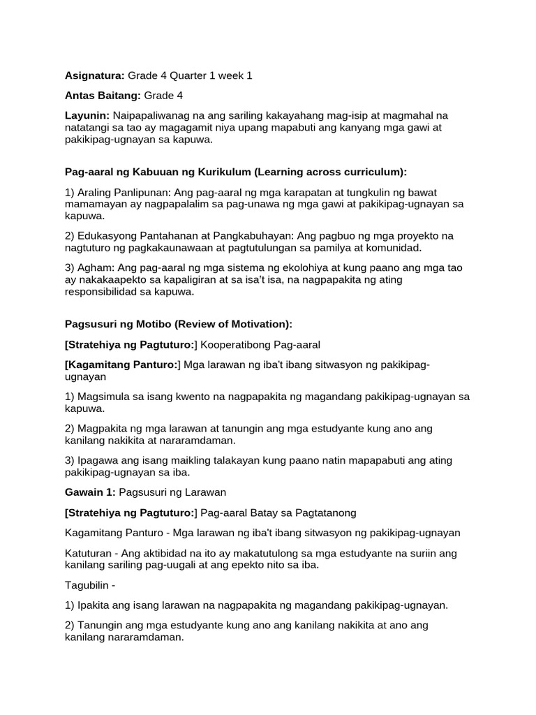 Lesson_plan_Grade 4 Quarter 1 Week 1 | PDF