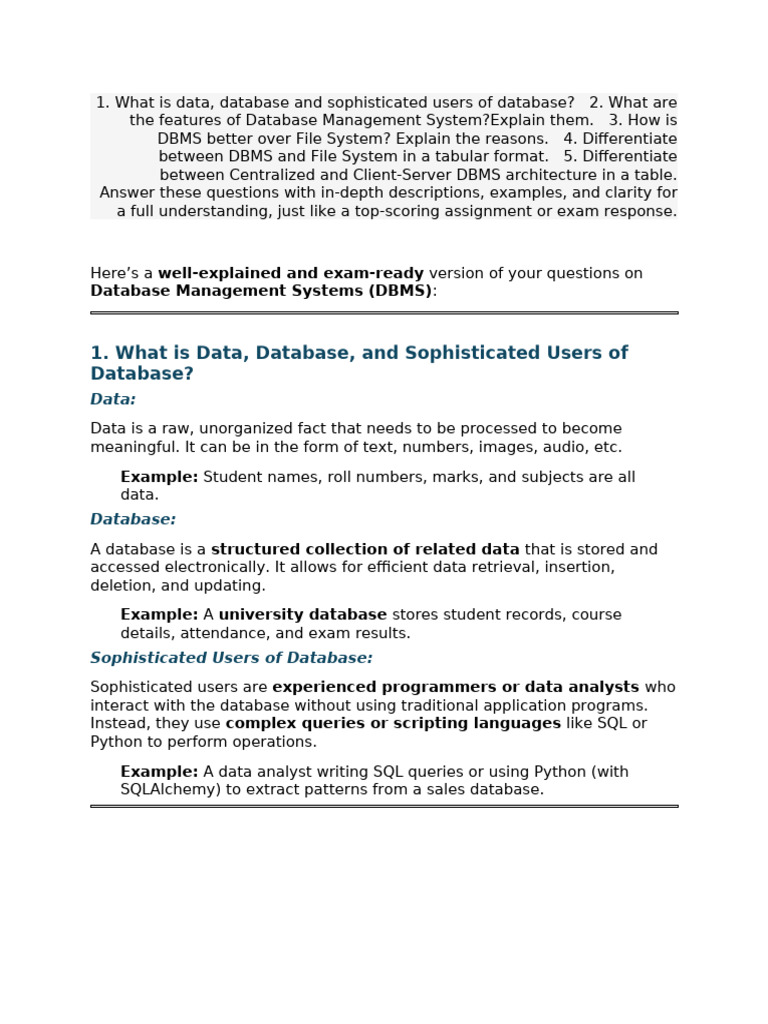 DBMS Features and Comparison | PDF | Databases | File System