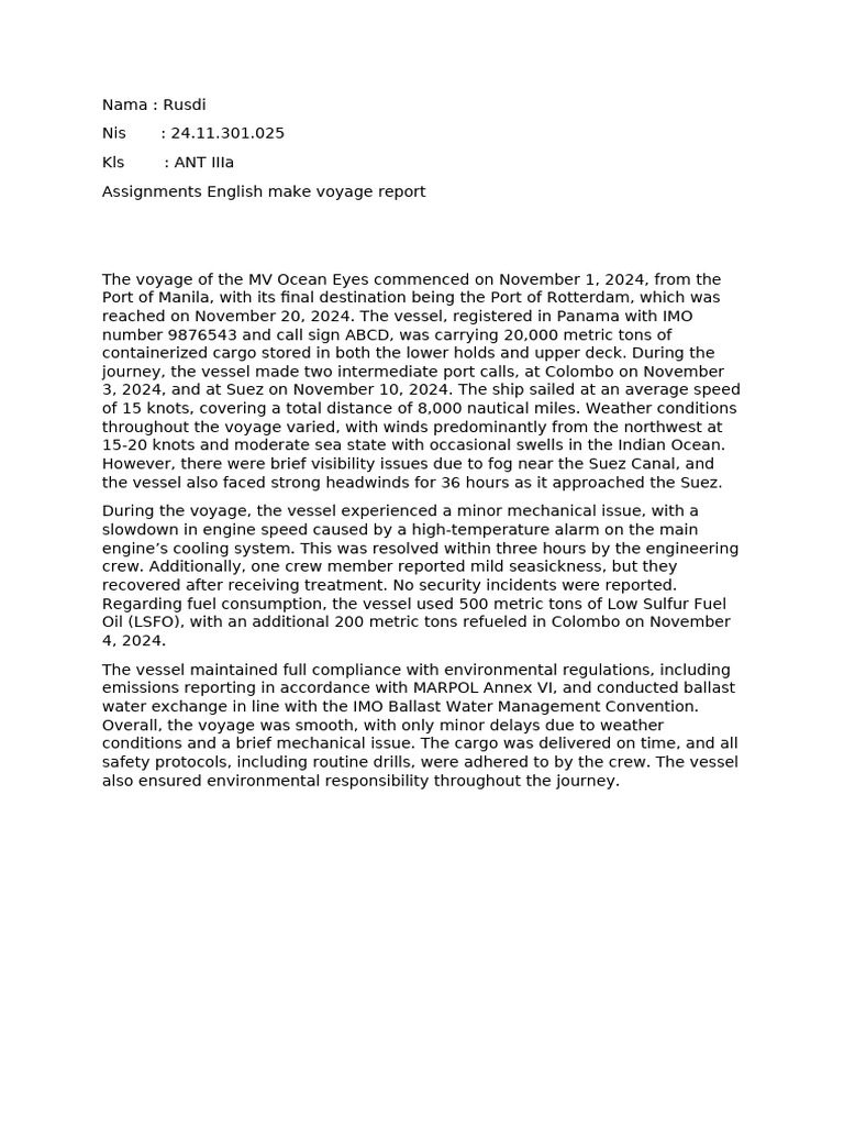 MV Ocean Eyes Voyage Report | PDF